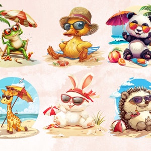 35 PNG Watercolor Cute Summer Animals Clipart, Tropical Summer Funny ...