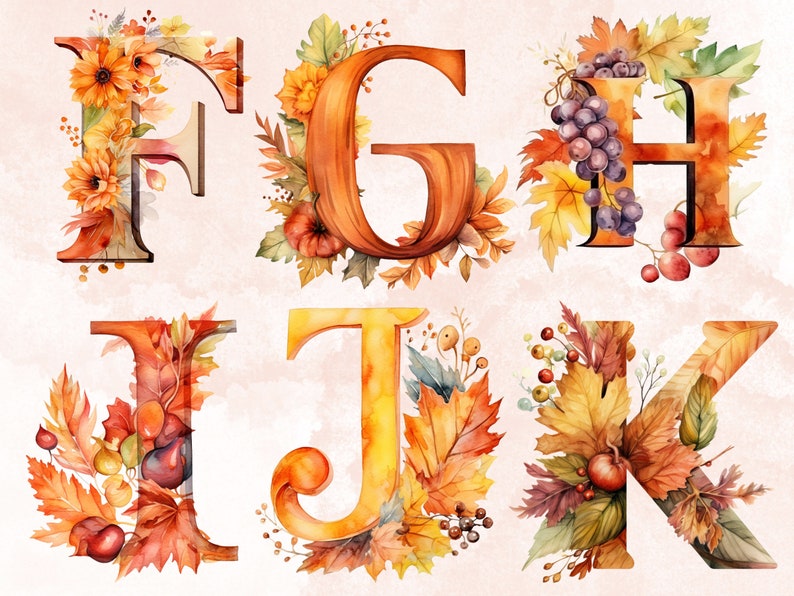 25 PNG Watercolor Fall Alphabet Clipart, Floral Autumn Letters ...