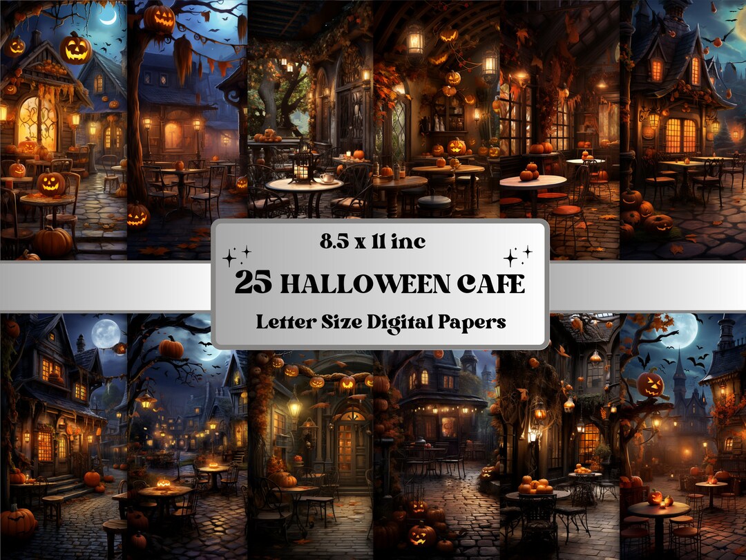 Printable Halloween Cafe Digital Paper, Halloween Pumpkin Scenes ...