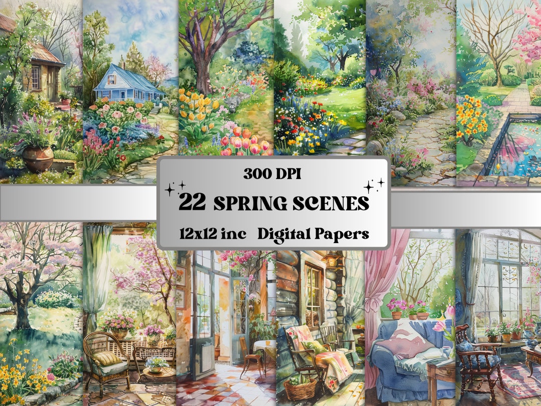 Printable Watercolor Spring Scenes Digital Paper, Cozy Spring ...