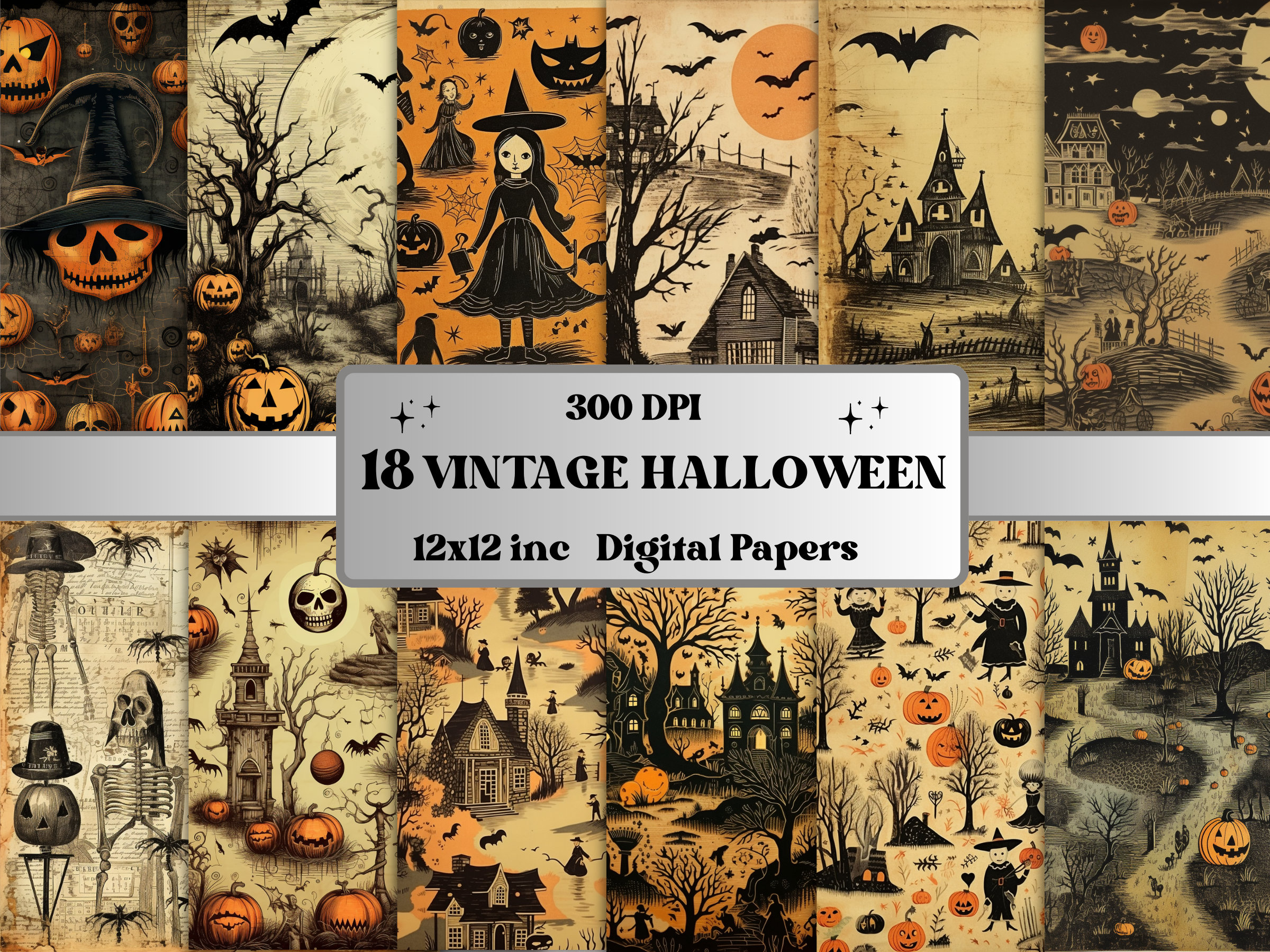 Printable Vintage Creepy Halloween Digital Paper, Halloween Ephemera ...