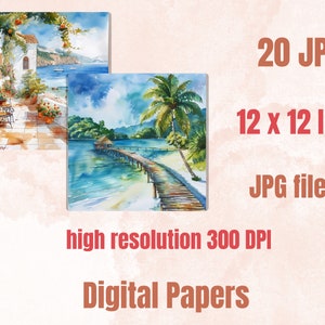 Watercolor Summer Scenes Digital Paper, Printable Tropical Summer Beach ...
