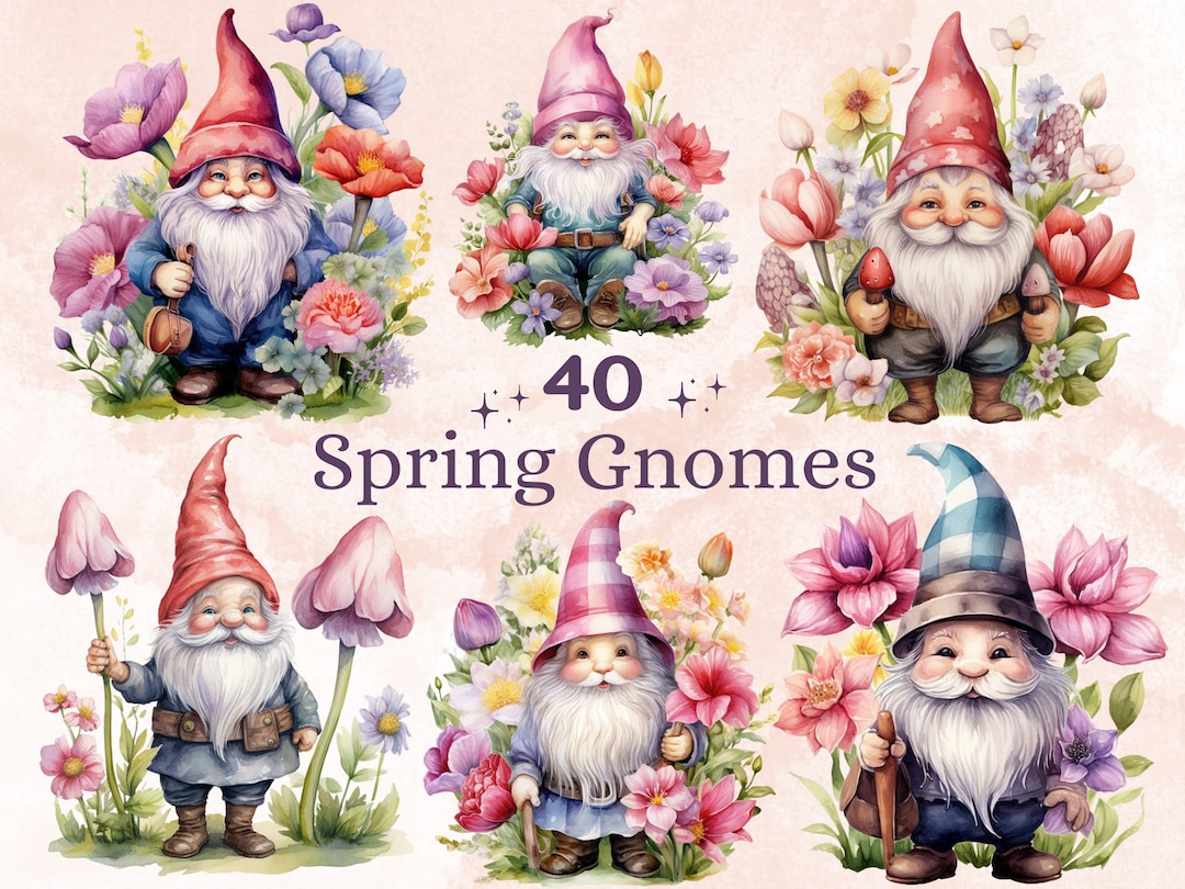 40 PNG Watercolor Spring Garden Gnomes Clipart, Floral Spring Gnome ...