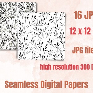 Seamless Watercolour Black and White Leaves Digital Paper, Minimalist ...