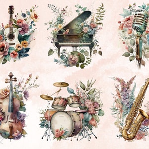 33 PNG Watercolor Floral Music Clipart, Musical Instruments PNG Clip ...