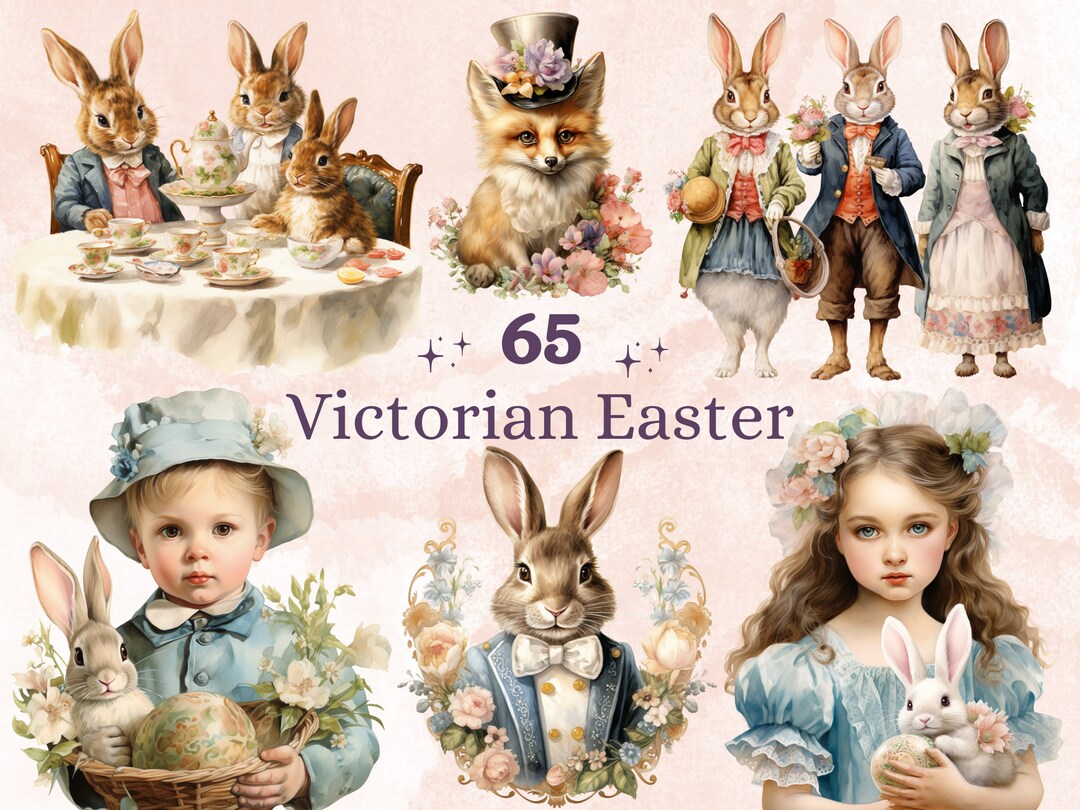 65 PNG Watercolor Victorian Easter Bundle Clipart, Vintage Easter Egg ...