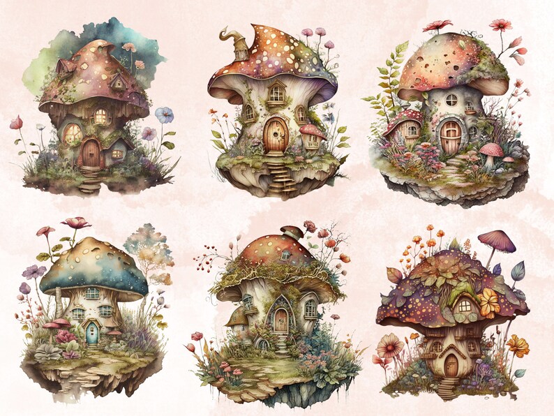 16 PNG Mushroom Houses Clipart Fairy Watercolor Mushroom - Etsy