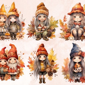 20 PNG Watercolor Fall Gnome Girls Clipart, Autumn Female Gnome ...