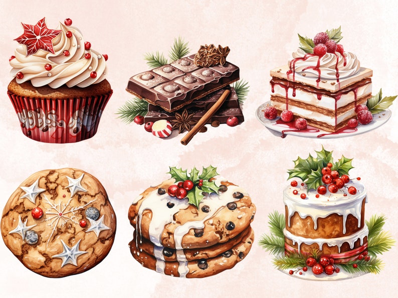 40 PNG Watercolor Christmas Dessert Clipart, Christmas Sweets Clip Art ...