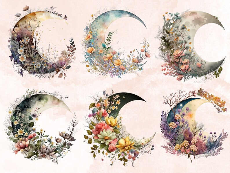 22 PNG Watercolor Floral Moons Clipart Floral Crescent Moons - Etsy