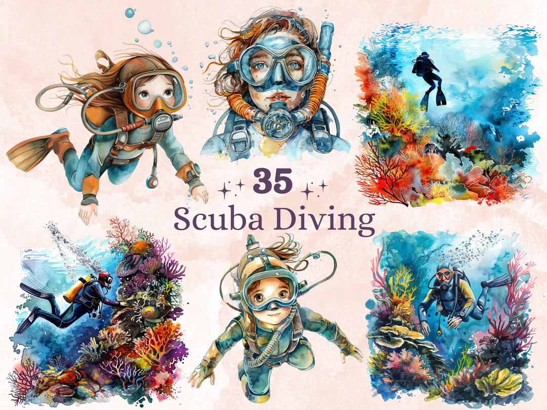 35 PNG Watercolor Scuba Diving Clipart, Cute Ocean Diver Clip Art, Sea ...