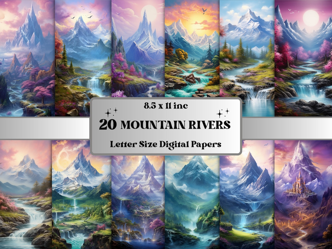 Printable Mountain Rivers Digital Paper, Forest River Background ...