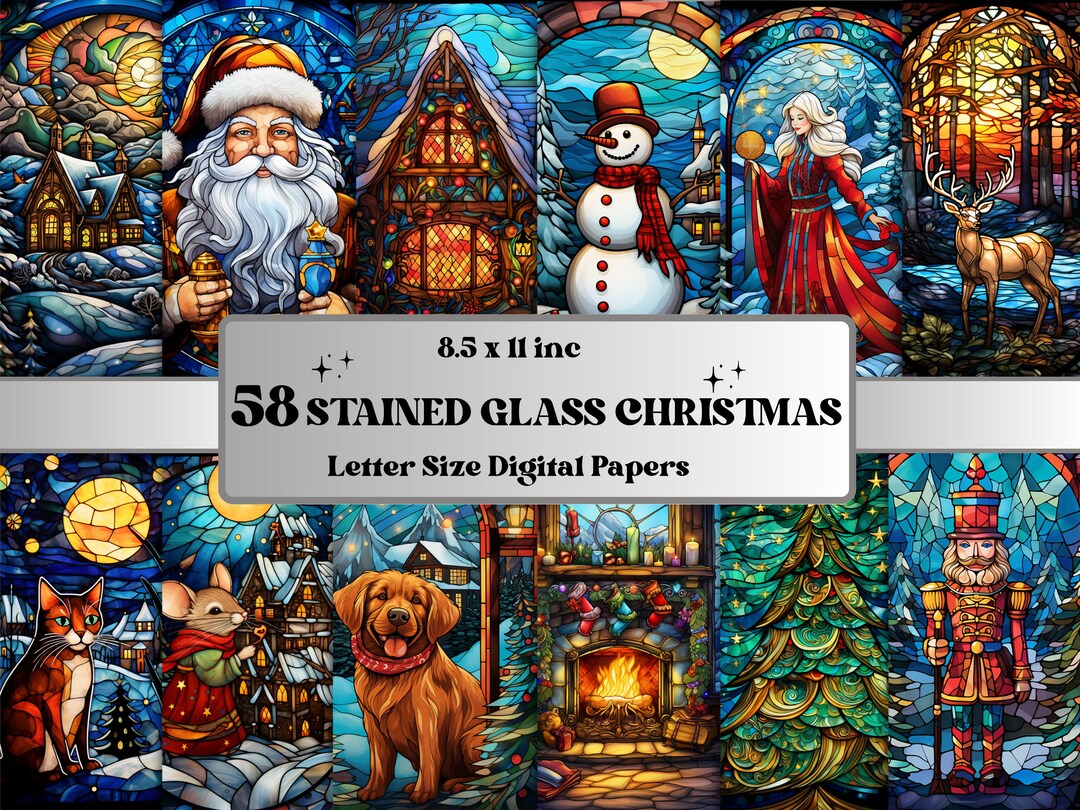 Printable Stained Glass Christmas Digital Paper, Christmas Holiday ...