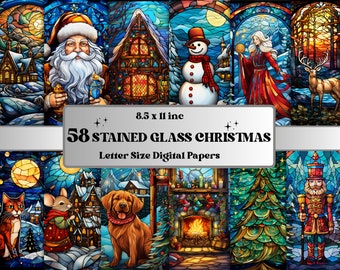 Printable Stained Glass Christmas Digital Paper, Christmas Holiday ...