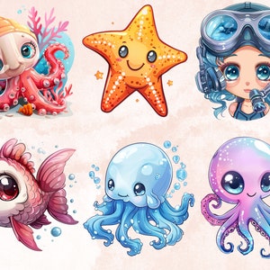 30 PNG Watercolor Kawaii Under the Sea Clipart, Cute Ocean Nursery Clip ...