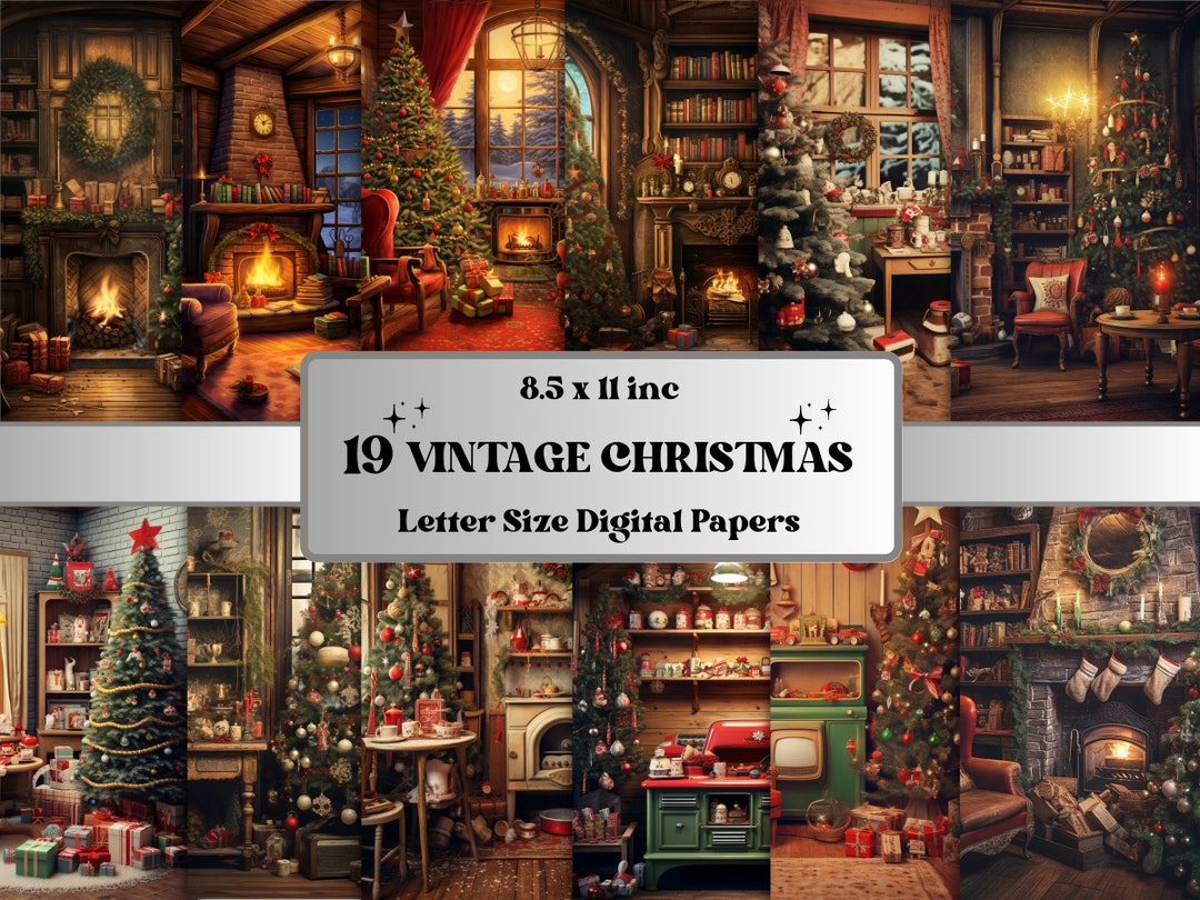 Printable Vintage Christmas Interior Digital Paper, Christmas Holiday ...