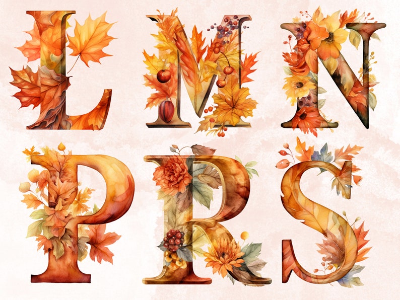 25 PNG Watercolor Fall Alphabet Clipart, Floral Autumn Letters ...
