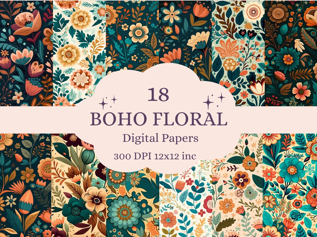 Boho Floral Digital Paper Boho Flowers Paper Pack Floral - Etsy