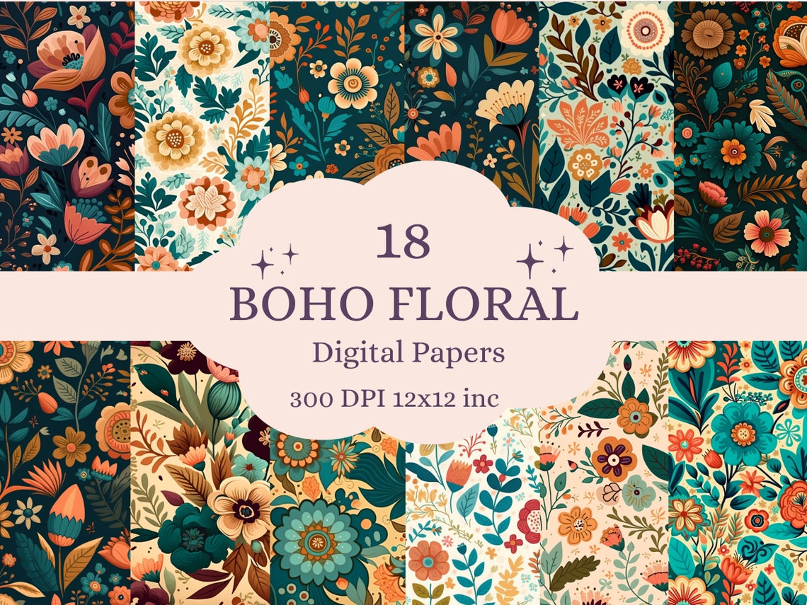 Boho Floral Digital Paper Boho Flowers Paper Pack Floral - Etsy