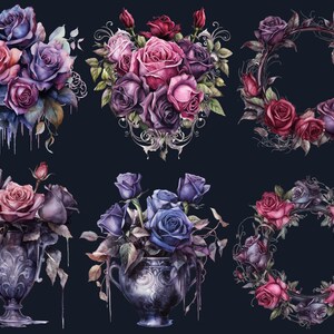 30 PNG Watercolor Gothic Roses Clipart Bundle, Dark Fantasy Roses PNG ...