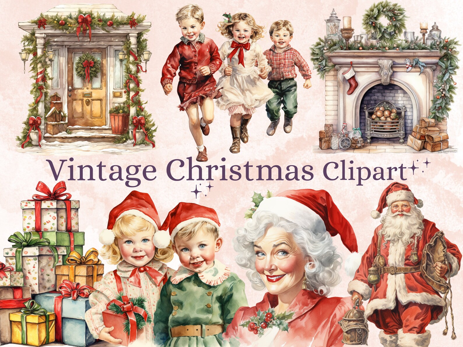 42 PNG Watercolour Vintage Christmas Bundle Clipart, Retro Christmas ...