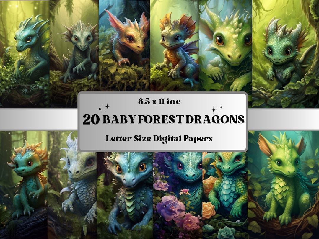 Printable Baby Forest Dragons Digital Paper, Little Dragon Digital ...