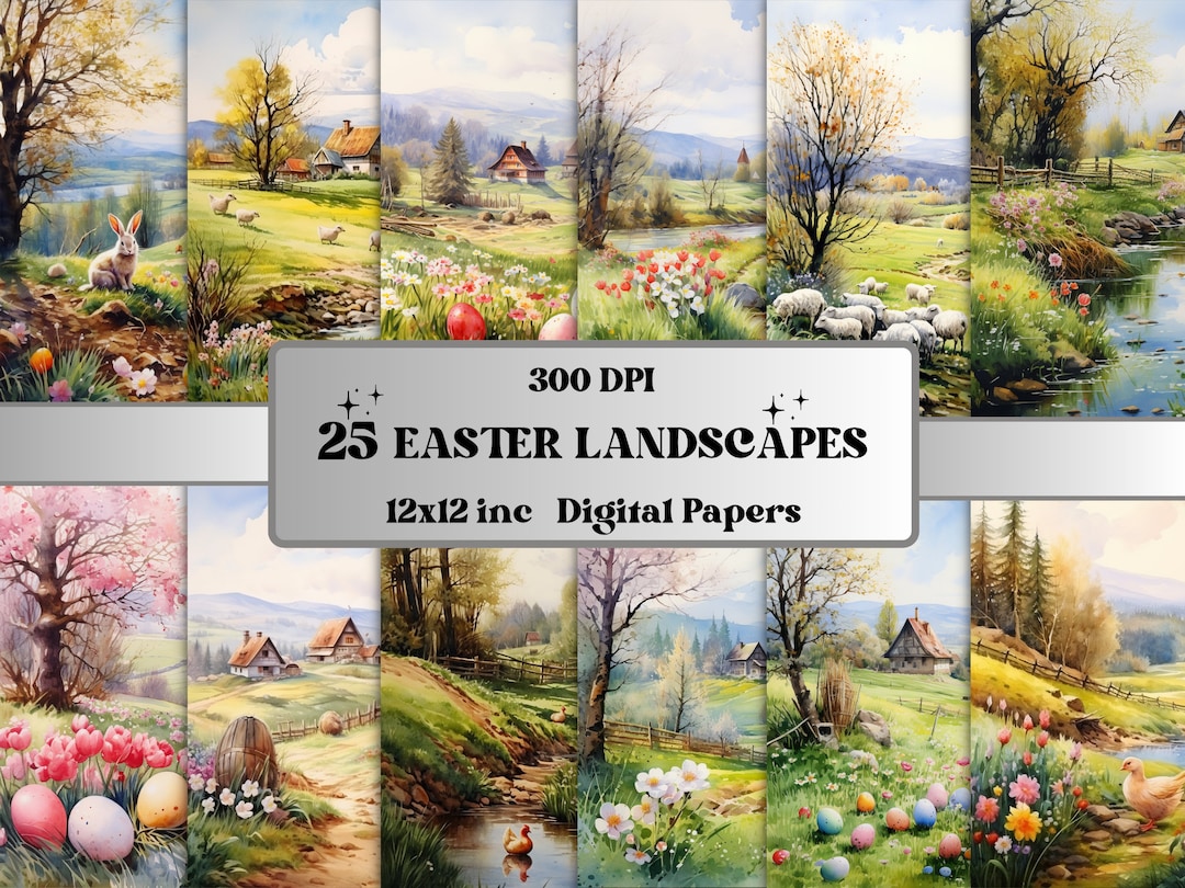 Printable Watercolor Easter Landscape Digital Paper, Ephemera Collage ...