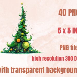 40 PNG Watercolor Whimsical Xmas Tree Clipart, Quirky Christmas ...