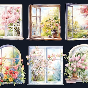 35 PNG Watercolor Spring Windows Clipart, Pink Floral Spring ...