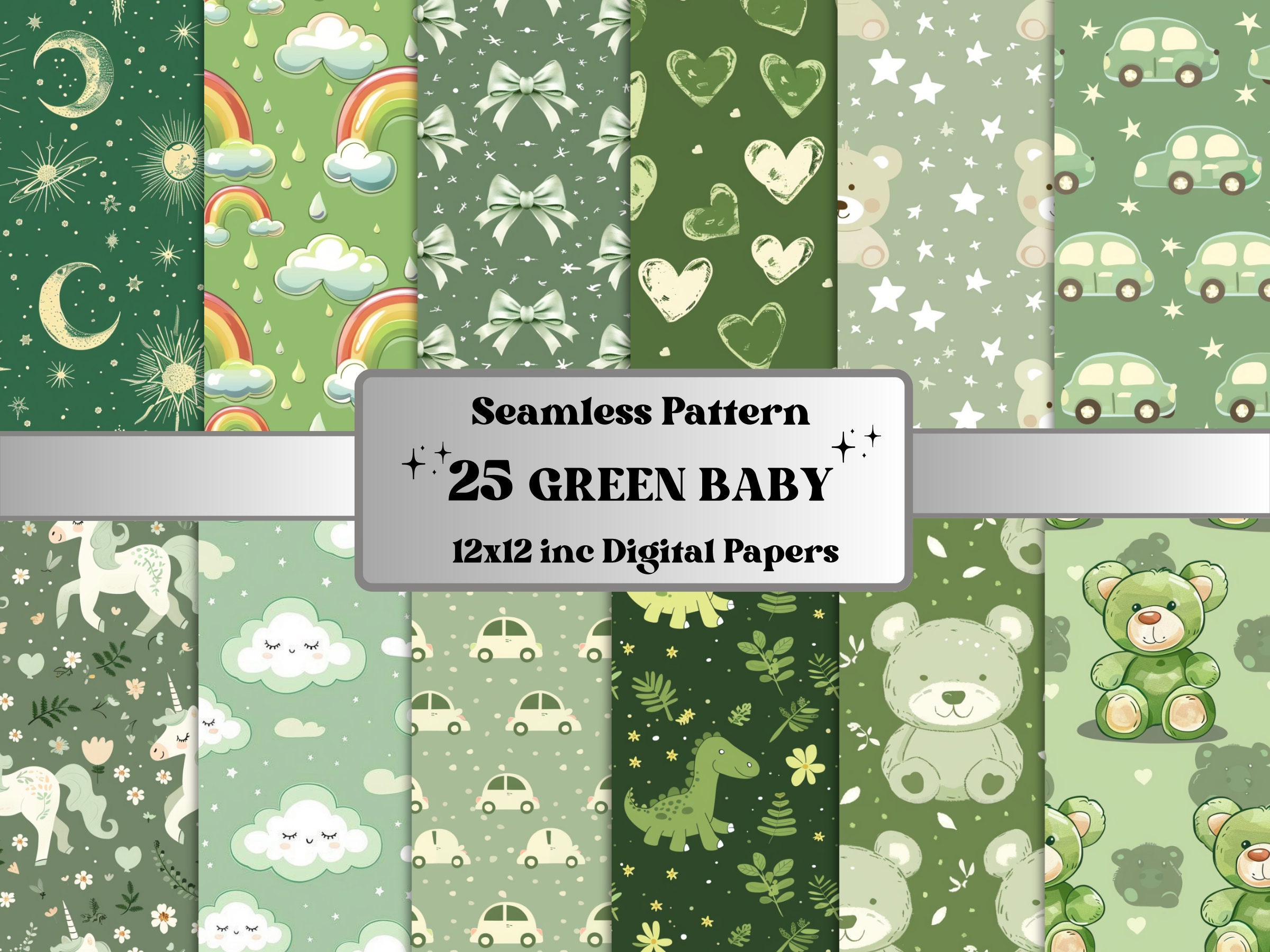 Seamless Green Baby Pattern Paper, Green Baby Nursery Ephemera ...