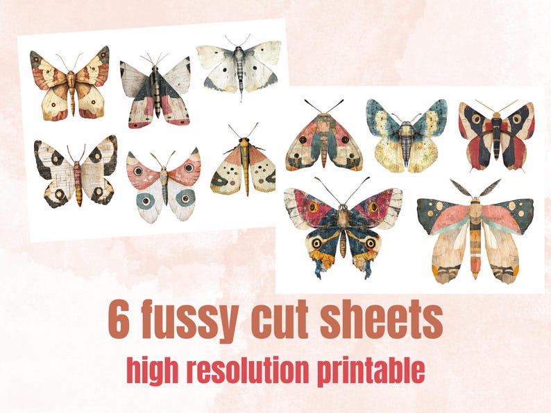 Whimsical Moths Mixed Media Clipart, Whimsy Butterfly Fussy Cut Collage ...