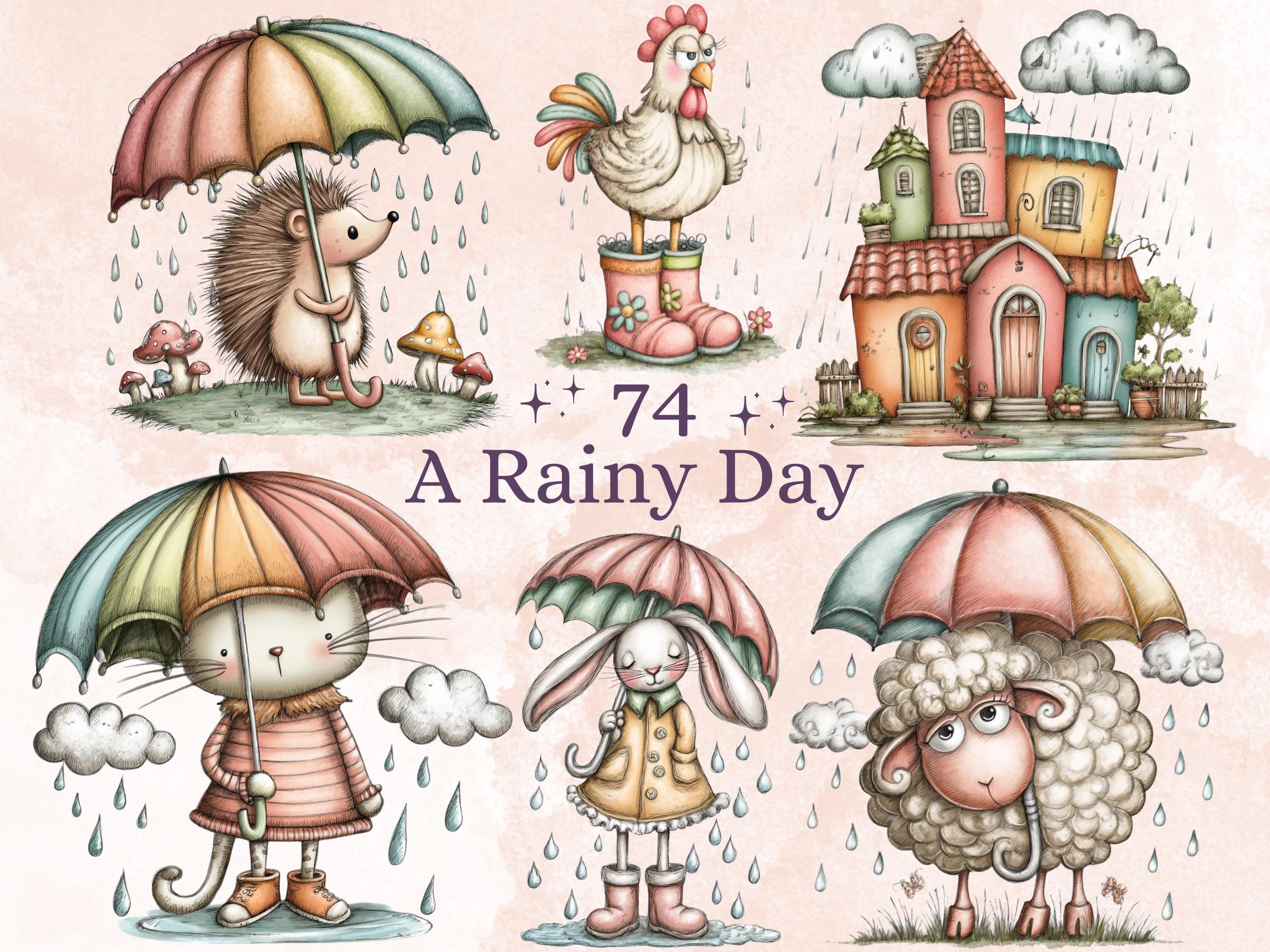 Rainy Day Clipart Bundle | 74 Whimsical Quirky Rain PNG | Umbrella ...