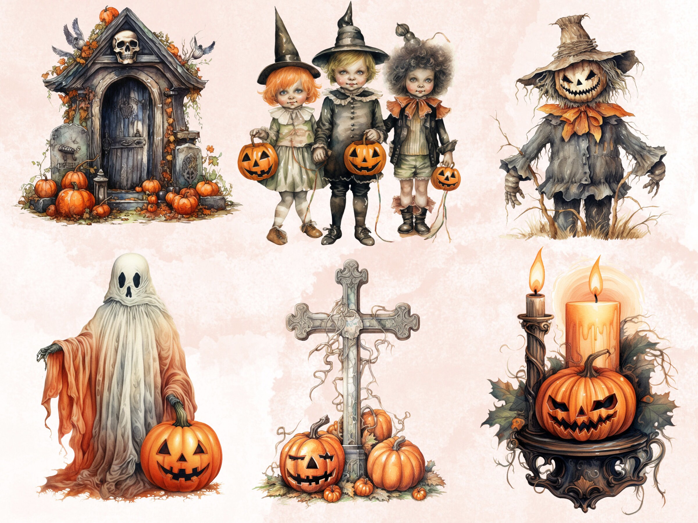 40 PNG Watercolour Vintage Halloween Bundle Clipart, Retro Halloween ...