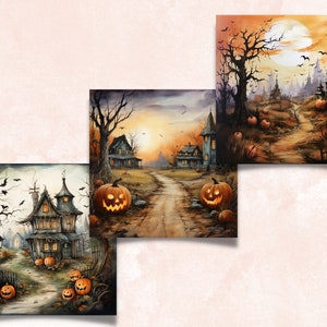 Printable Halloween Landscape Digital Paper, Watercolor Halloween ...