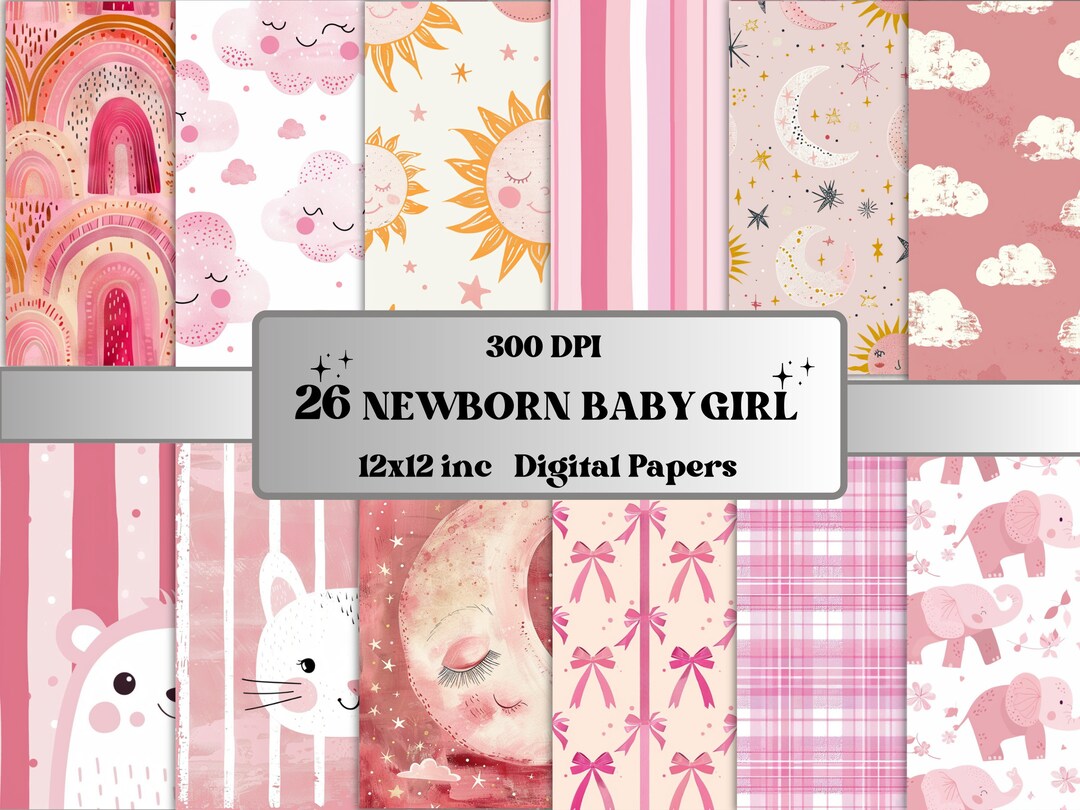 Printable Newborn Baby Girl Paper, Pink Baby Girl Nursery Ephemera, New ...
