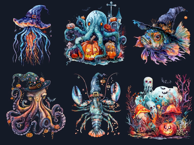 40 PNG Watercolor Underwater Halloween Clipart, Fantasy Halloween ...