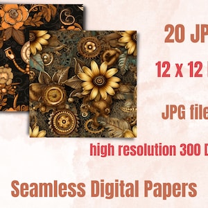 Seamless Steampunk Floral Digital Paper, Steampunk Flowers Seamless ...