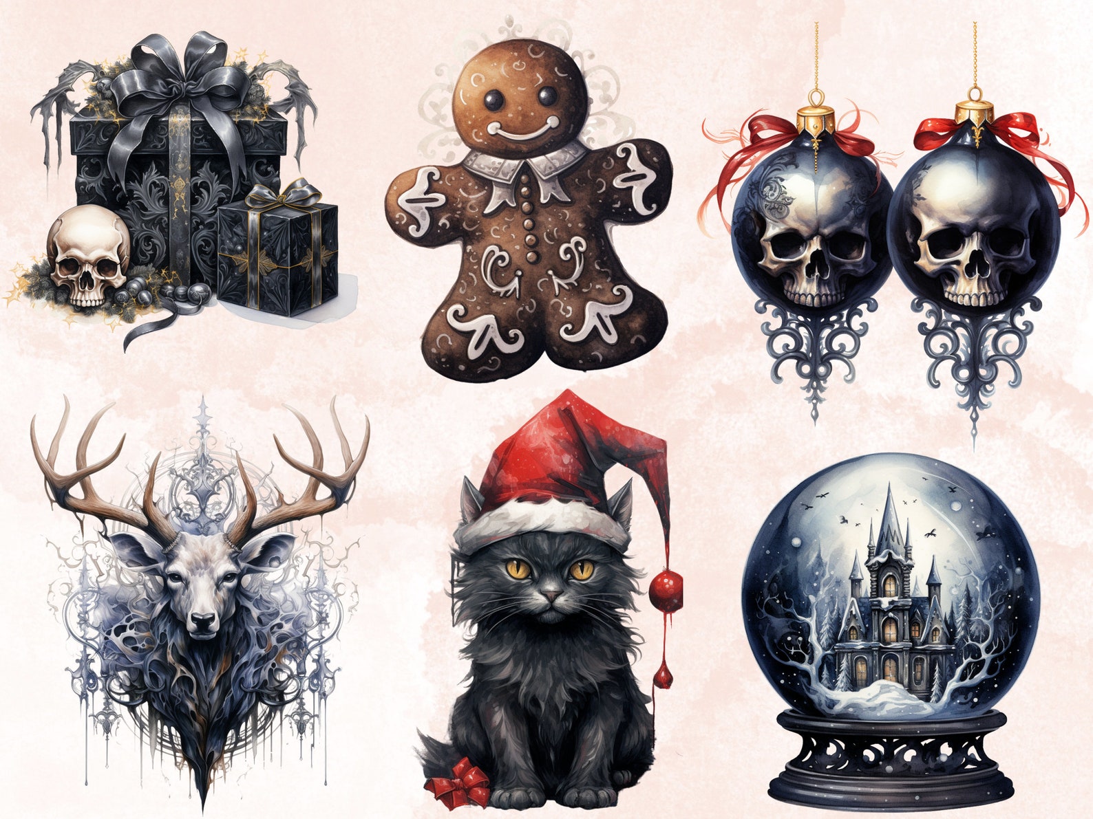 42 PNG Watercolour Gothic Creepy Christmas Bundle Clipart, Spooky Dark ...