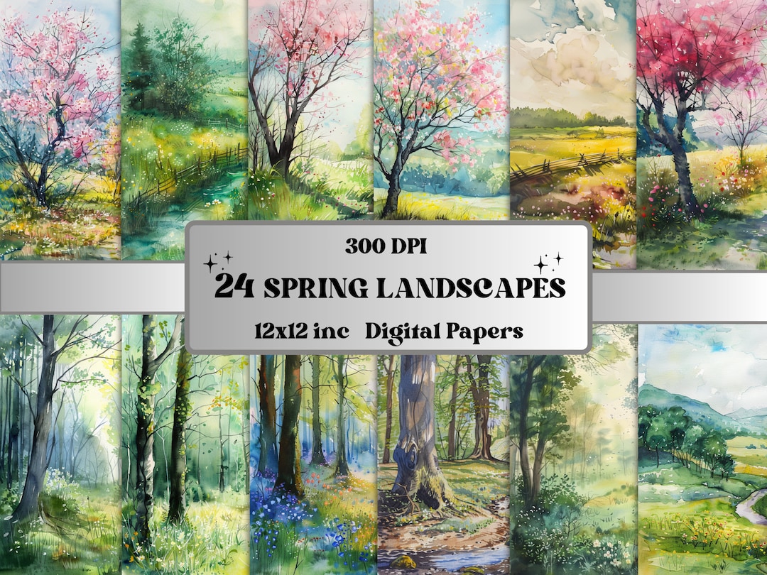 Printable Watercolor Spring Landscapes Digital Paper, Spring Woodland ...