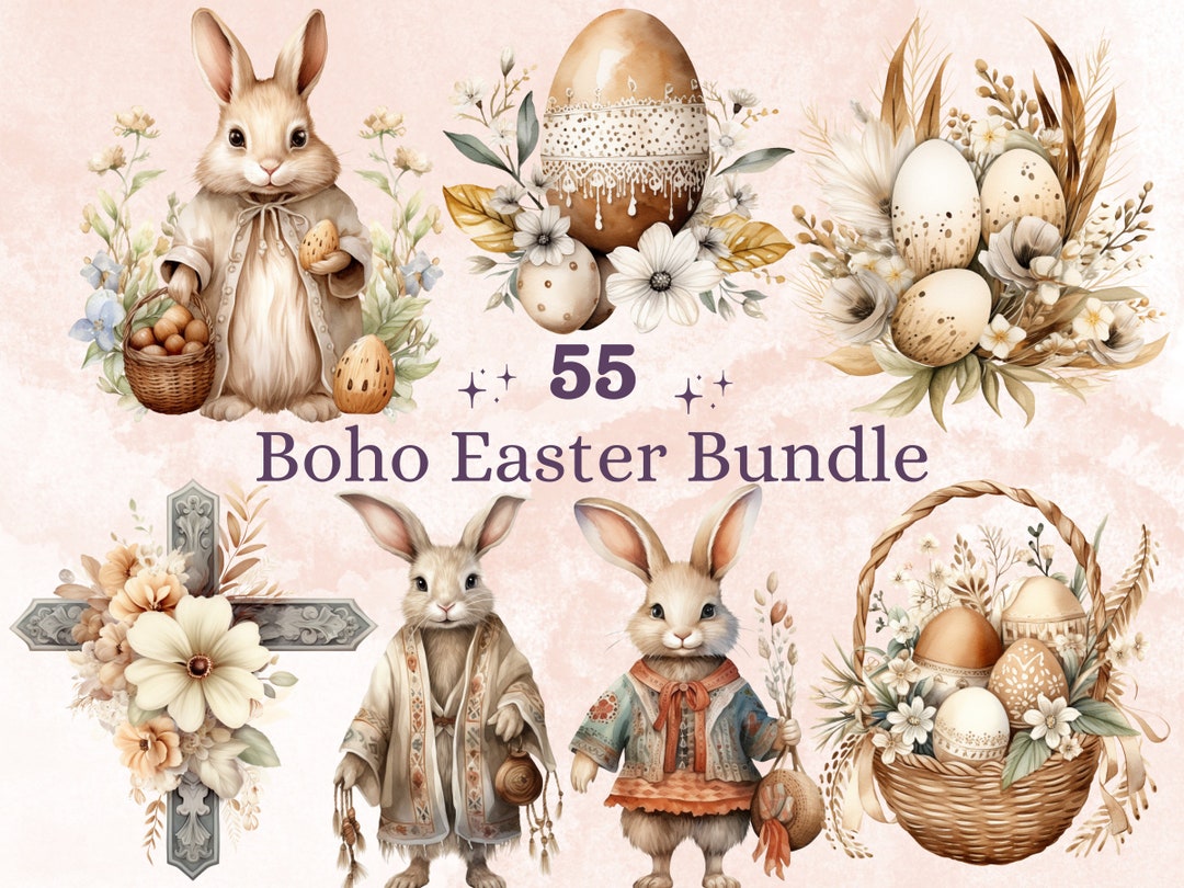 55 PNG Watercolor Boho Easter Bundle Clipart, Bohemian Easter Egg ...
