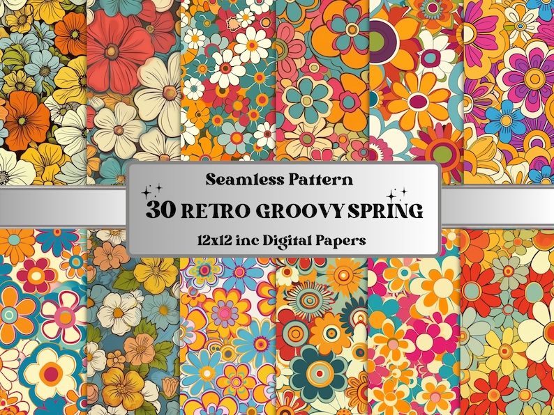 Seamless Retro Groovy Spring Flowers Digital Paper, Hippie Seamless ...