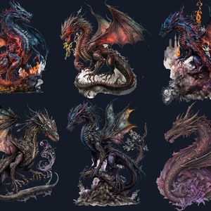 22 PNG Watercolour Gothic Dragons Clipart, Dark Fantasy Black Dragon ...