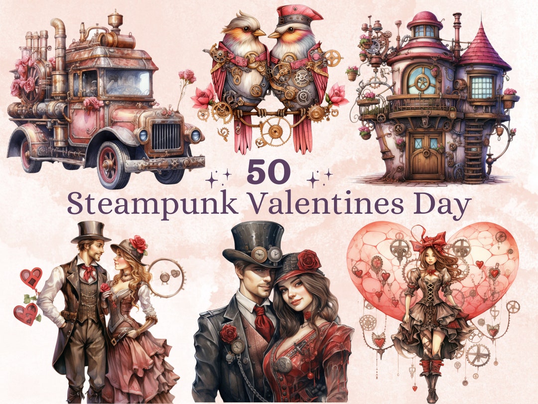 50 PNG Watercolor Steampunk Valentine's Day Clipart, Floral Valentines ...