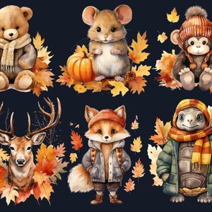 55 PNG Watercolor Fall Animals Bundle Clipart, Cute Autumn Animal ...