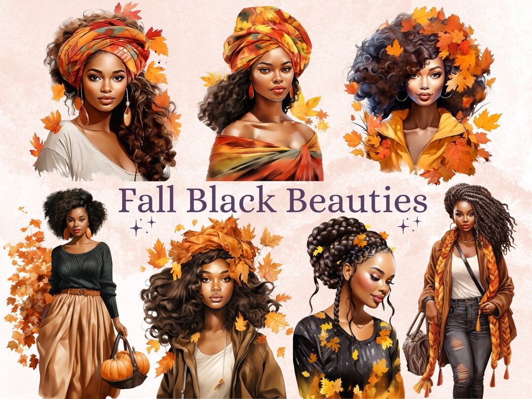42 PNG Watercolor Fall Black Beauties Clipart Bundle, Autumn Afro ...