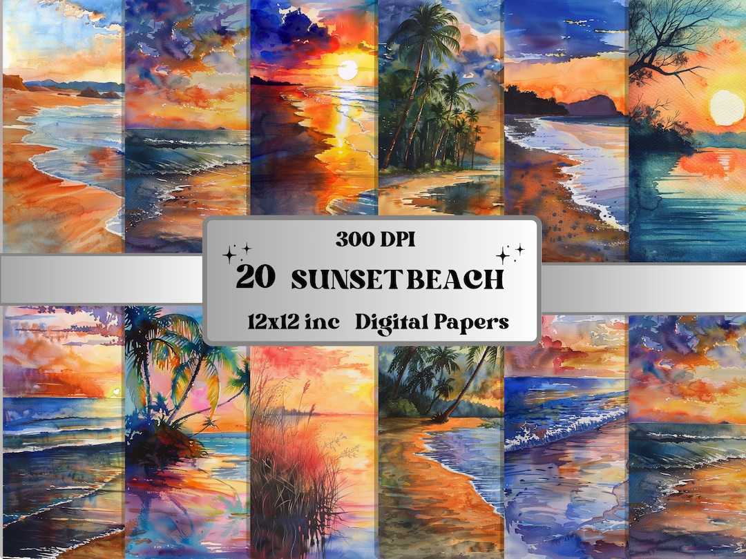 Watercolor Sunset Beach Scenes Digital Paper, Printable Sunset Seascape ...