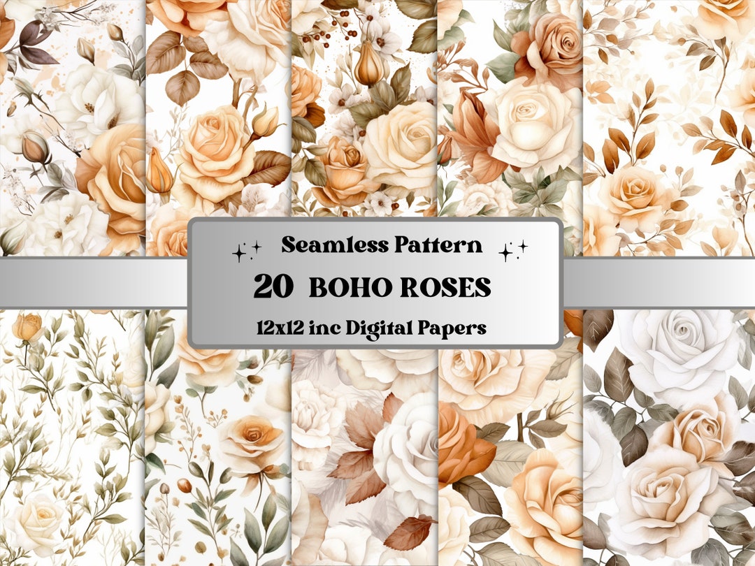 Seamless Boho Roses Digital Paper, Elegant Boho Rose Seamless Pattern ...