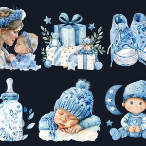 60 PNG Watercolor Baby Boy Newborn Clipart, Baby Shower for a Boy ...