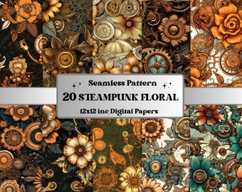 Seamless Steampunk Floral Digital Paper, Steampunk Flowers Seamless ...