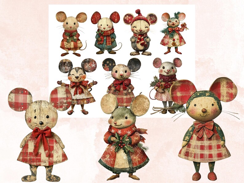 Christmas Mouse Doll Mixed Media Clipart, Retro Xmas Mice Fussy Cut ...